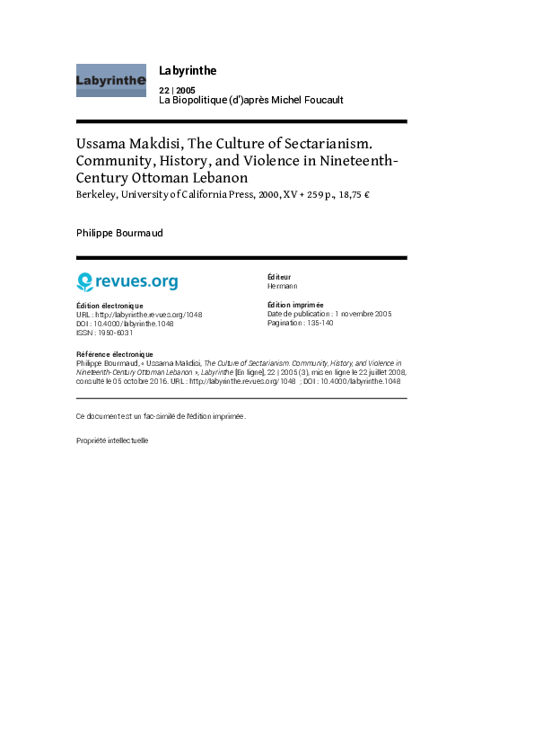 (PDF) Ussama Makdisi, The Culture of Sectarianism. Community, History ...