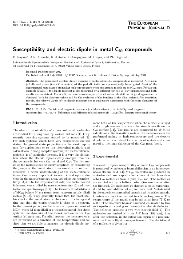 (PDF) Susceptibility and electric dipole in metal C 60 compounds