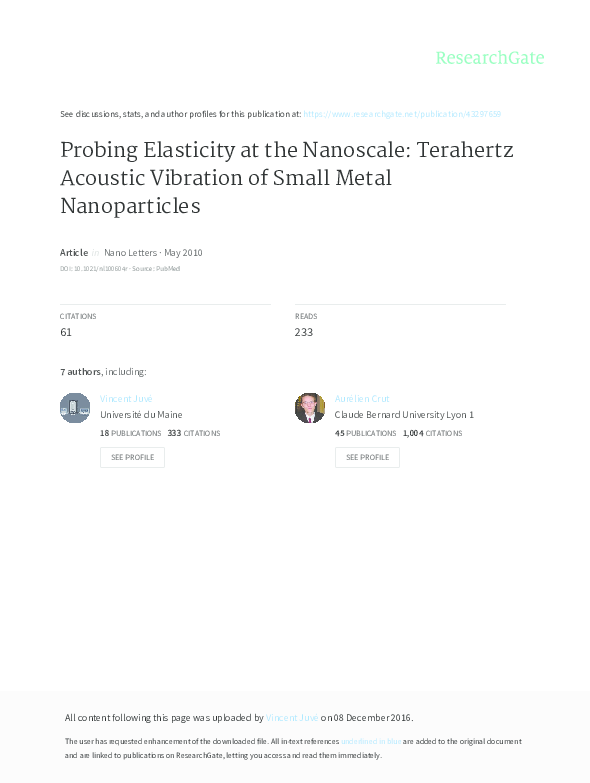 (PDF) Probing Elasticity at the Nanoscale: Terahertz Acoustic Vibration of Small Metal Nanoparticles