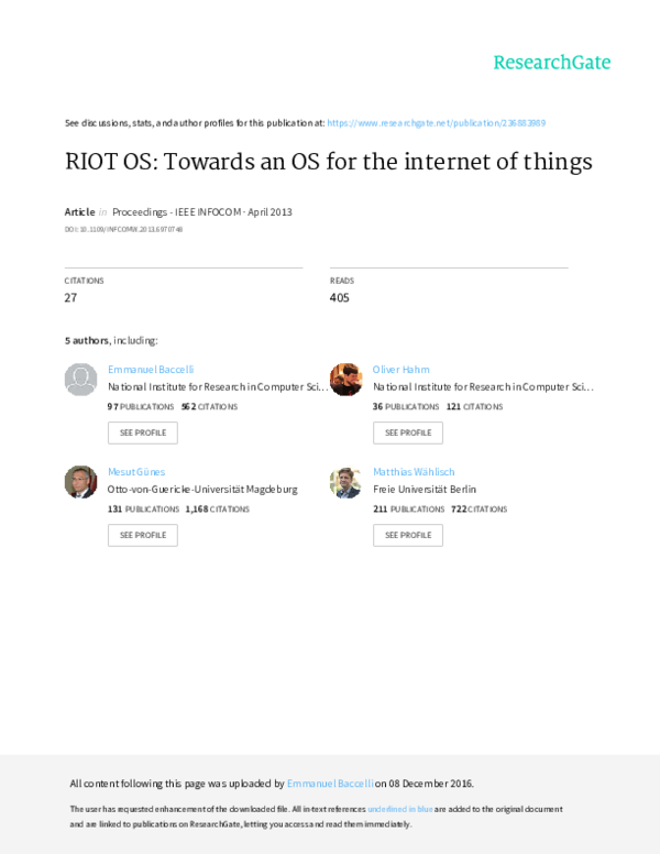 (PDF) RIOT OS: Towards an OS for the Internet of Things