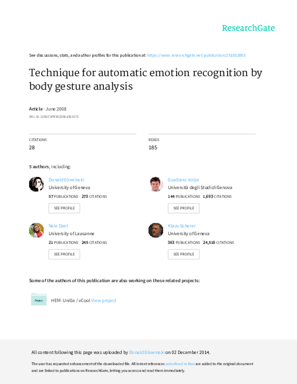 (PDF) Technique for automatic emotion recognition by body gesture analysis