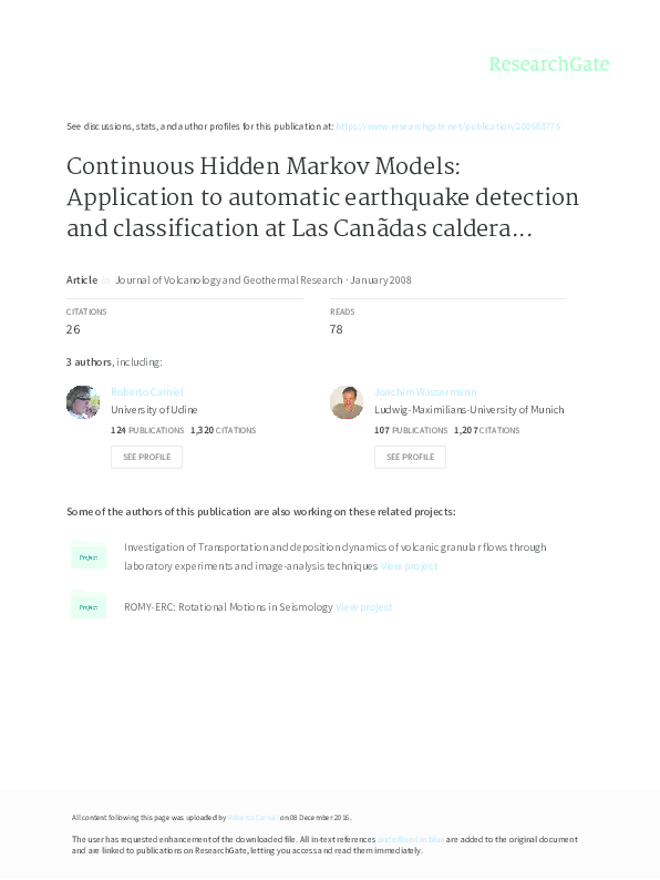 (PDF) Continuous Hidden Markov Models: Application to automatic earthquake detection and ...