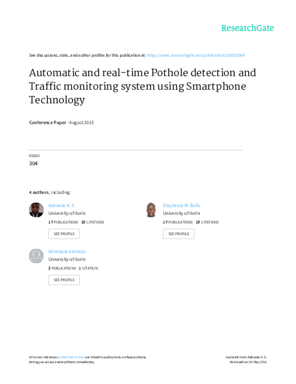Pdf Automatic And Real Time Pothole Detection And Traffic Monitoring System Using Smartphone