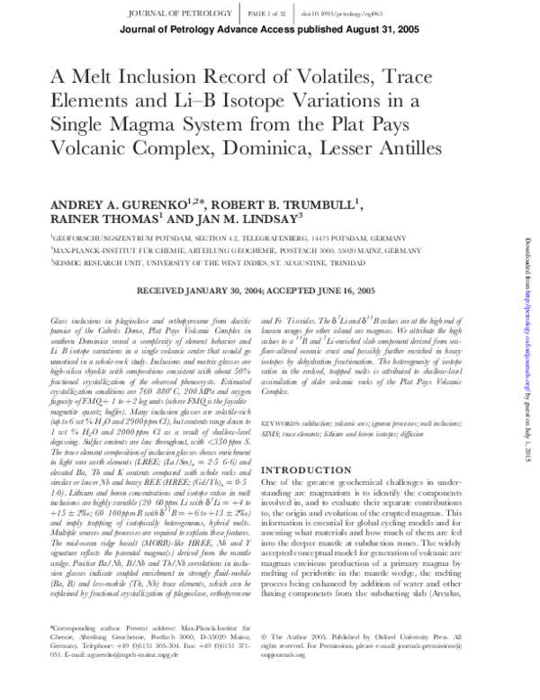 (PDF) A Melt Inclusion Record of Volatiles, Trace Elements and Li-B ...