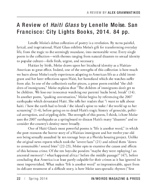 (PDF) “Rev. of Haiti Glass, by Lenelle Moïse.” In\Words Magazine 13.2 ...