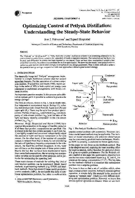 (PDF) Optimizing Control of Petlyuk Distillation: Understanding the Steady-State Behavior