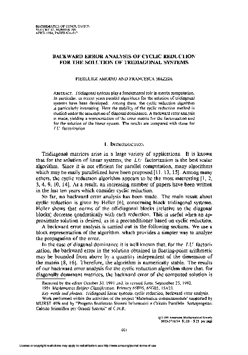 Backward Error Analysis Of Cyclic Reduction For The Solution Of Tridiagonal Systems