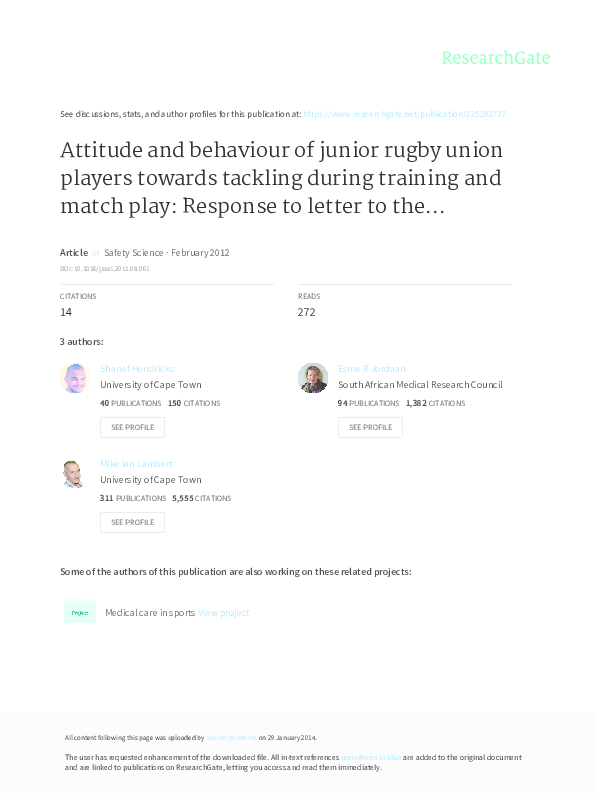 (PDF) Attitude and behaviour of junior rugby union players towards ...