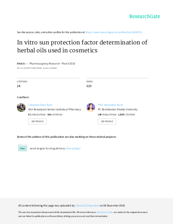(PDF) In vitro sun protection factor determination of herbal oils used in cosmetics