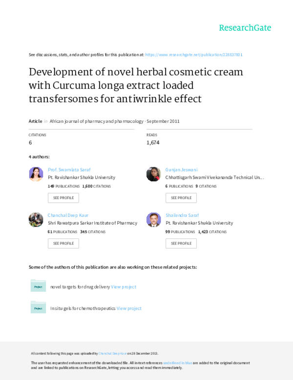 (PDF) Development of novel herbal cosmetic cream with Curcuma longa ...