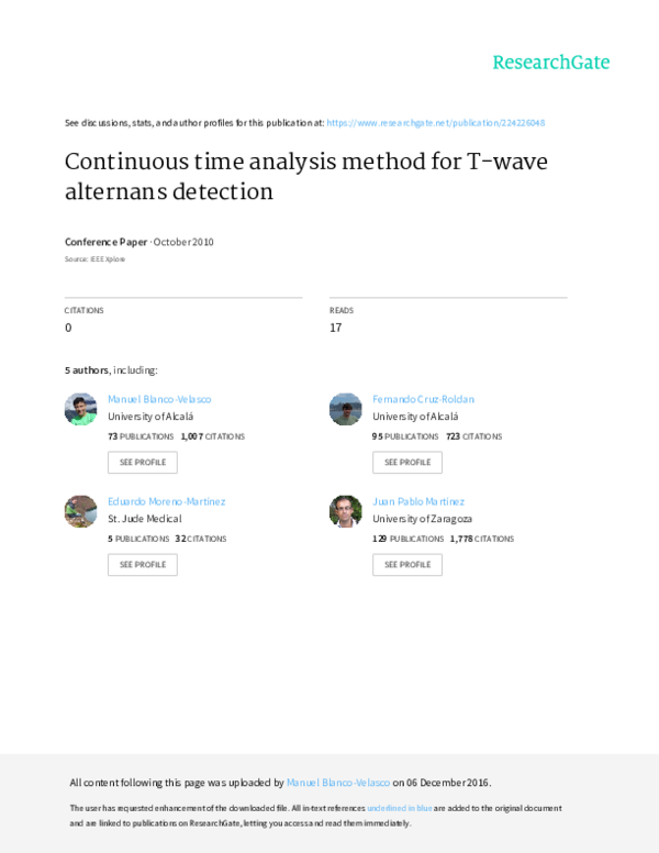 (PDF) Continuous Time Analysis Method for T-Wave Alternans Detection