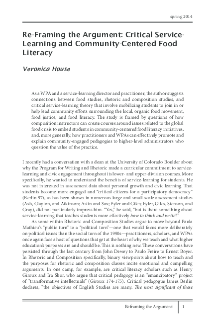 (PDF) Re-Framing the Argument: Critical Service-Learning and Community ...