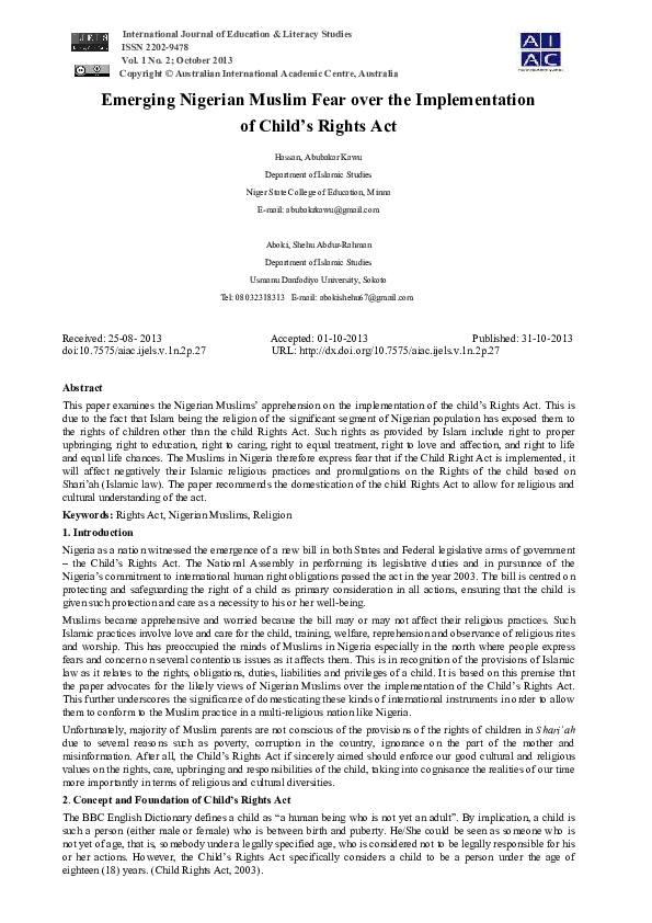 (PDF) Emerging Nigerian Muslim Fear over the Implementation of Child’s ...