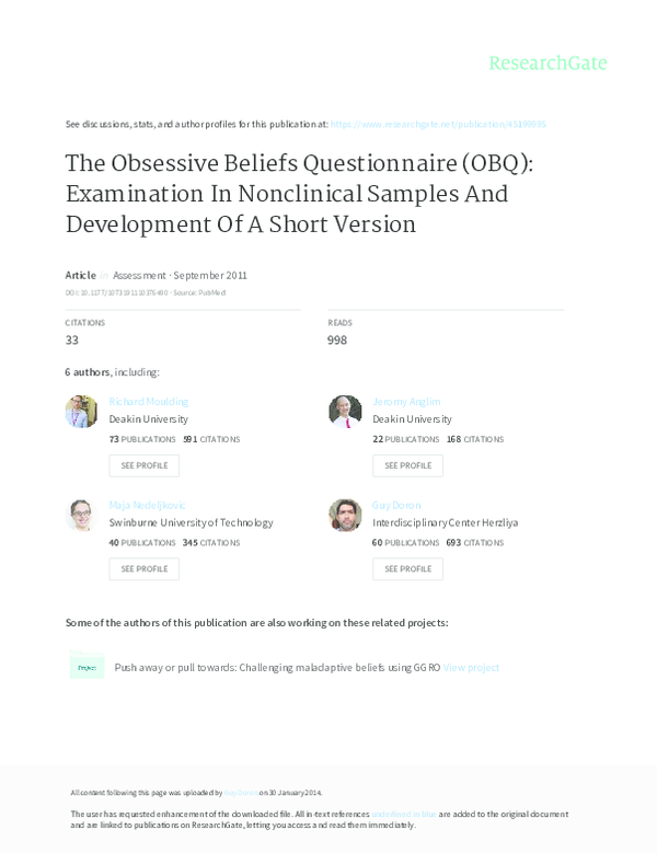 (PDF) The Obsessive Beliefs Questionnaire (OBQ): Examination in ...