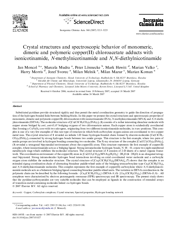 (PDF) Crystal structures and spectroscopic behavior of monomeric, dimeric and polymeric copper ...