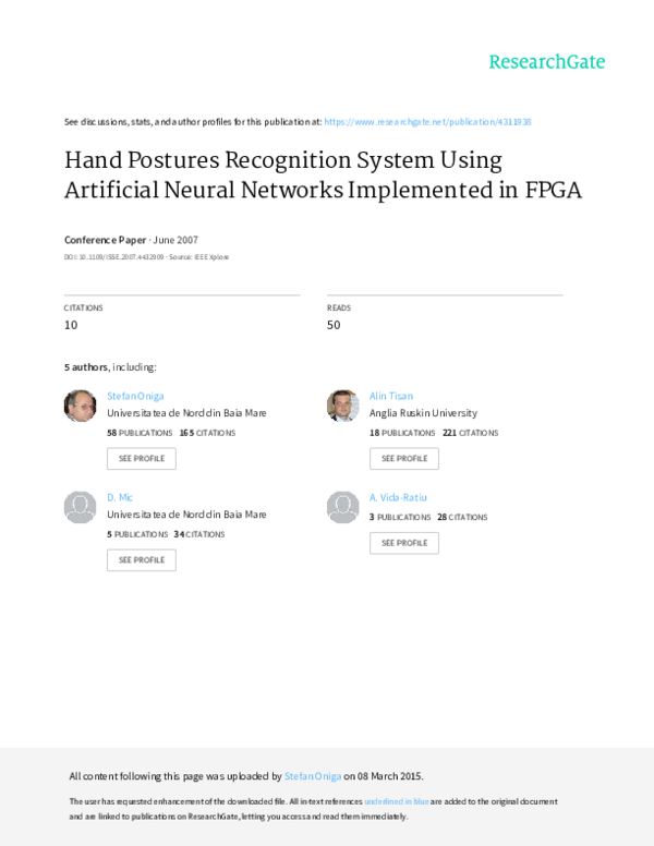 (PDF) Hand postures recognition system using artificial neural networks implemented in FPGA