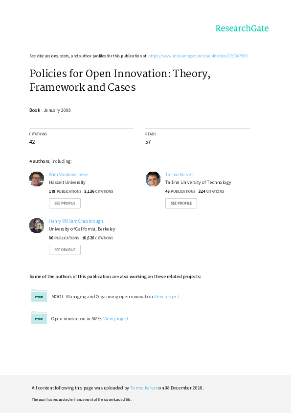 (PDF) Policies for open innovation: Theory, framework and cases