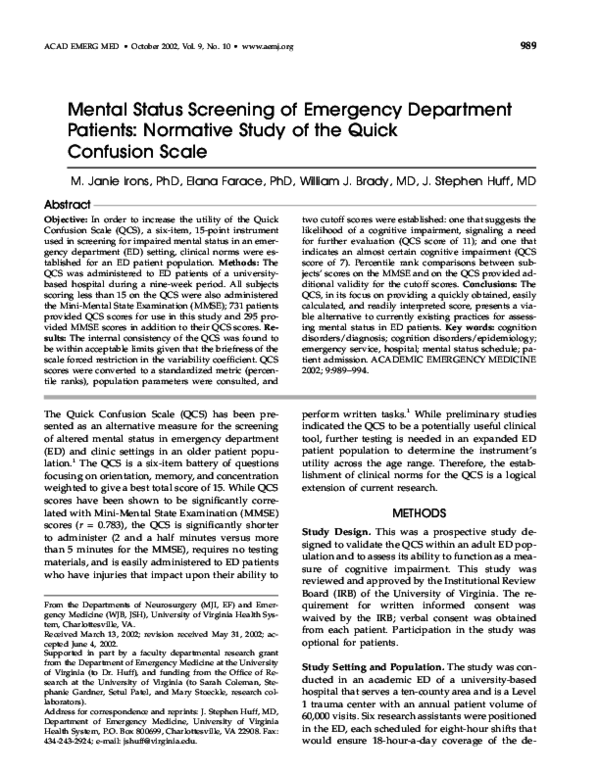 (PDF) Mental Status Screening of Emergency Department Patients ...