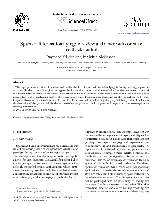 Pdf Spacecraft Formation Flying A Review And New Results On State Feedback Control