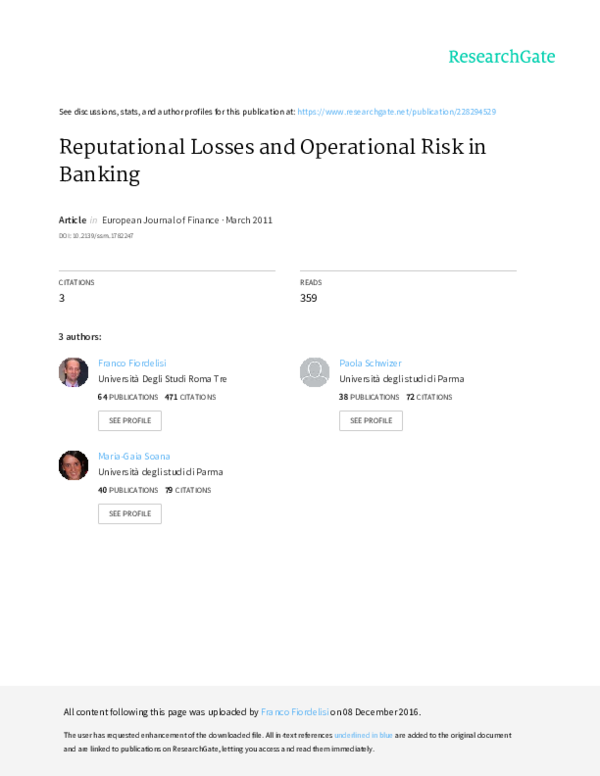 (PDF) Reputational losses and operational risk in banking
