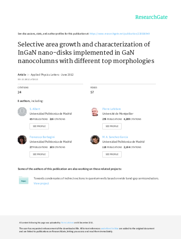(PDF) Selective area growth and characterization of InGaN nano-disks implemented in GaN ...