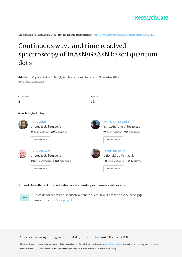 (PDF) Continuous wave and time resolved spectroscopy of InAsN/GaAsN based quantum dots