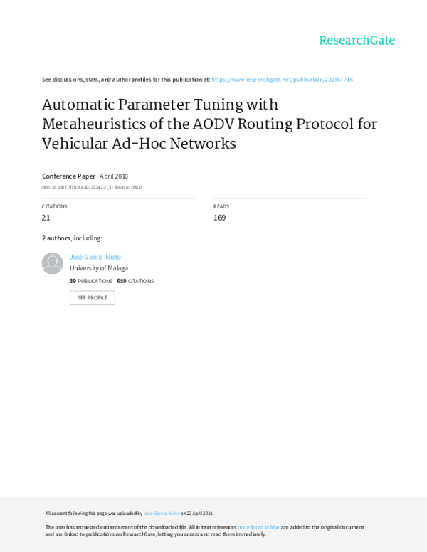 (PDF) Automatic parameter tuning with metaheuristics of the AODV routing protocol for vehicular ...