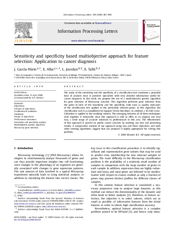 Pdf Sensitivity And Specificity Based Multiobjective Approach For