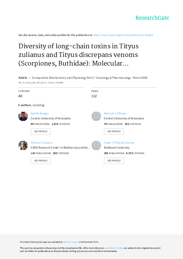 (PDF) Diversity of long-chain toxins in Tityus zulianus and Tityus ...