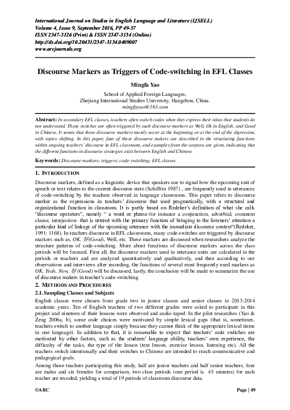(PDF) Discourse Markers as Triggers of Code-switching in EFL Classes