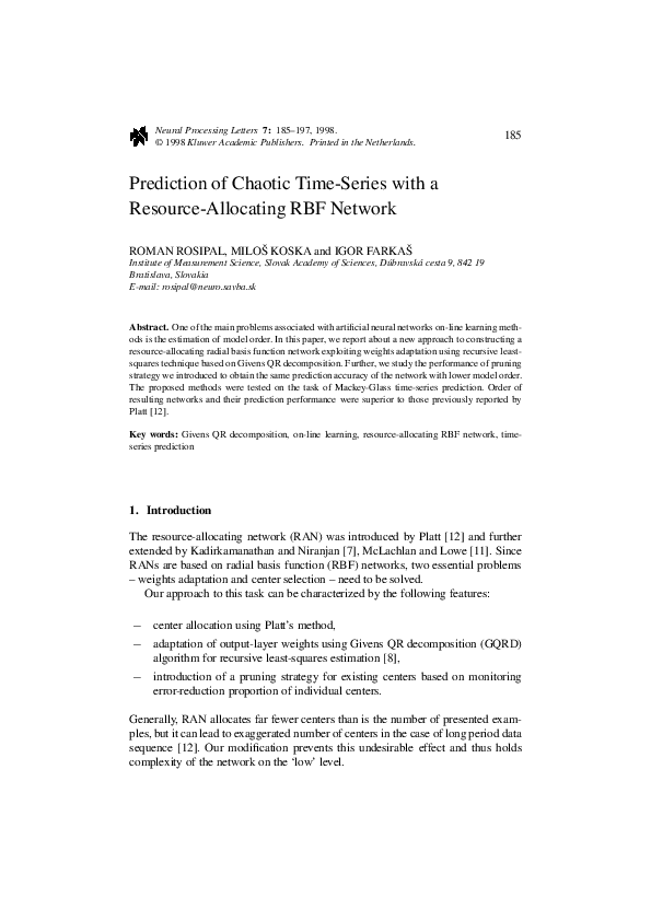 (PDF) Prediction of chaotic time-series with a resource-allocating RBF network