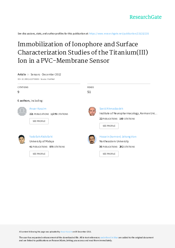 (PDF) Immobilization of Ionophore and Surface Characterization Studies ...