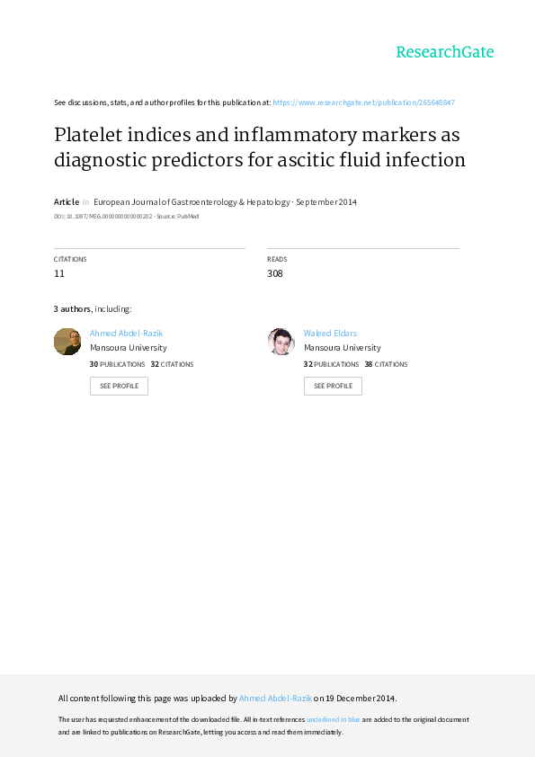 (PDF) Platelet indices and inflammatory markers as diagnostic predictors for ascitic fluid infection