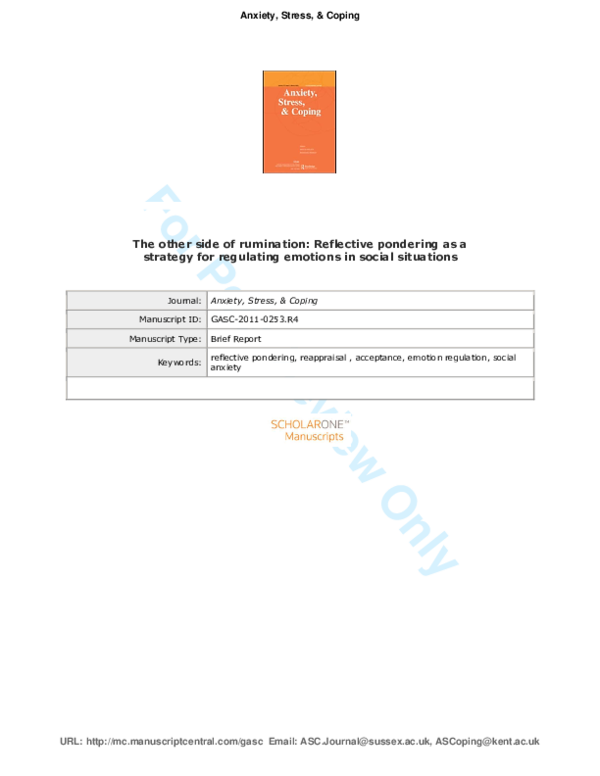 (PDF) The other side of rumination: reflective pondering as a strategy for regulating emotions ...