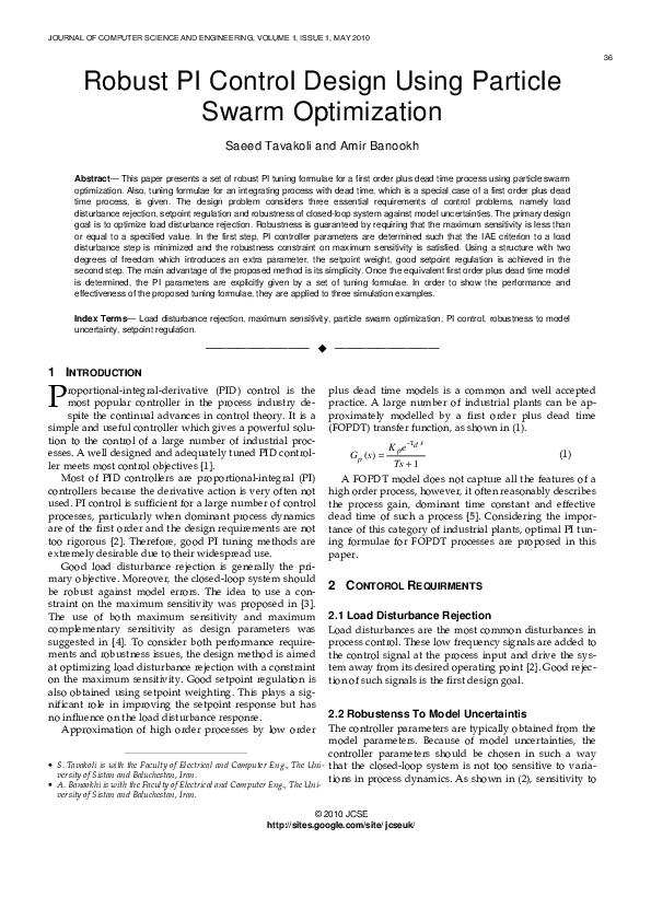 Pdf Robust Pi Control Design Using Particle Swarm Optimization