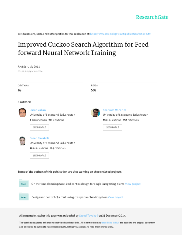 Pdf Improved Cuckoo Search Algorithm For Feed Forward Neural Network Training