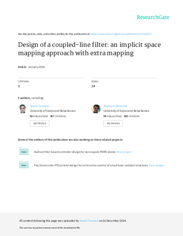 Pdf Design Of A Coupled Line Filter An Implicit Space Mapping Approach With Extra Mapping