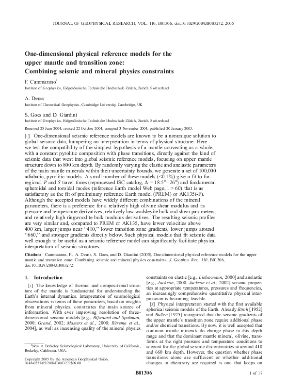 (PDF) One-dimensional physical reference models for the upper mantle ...
