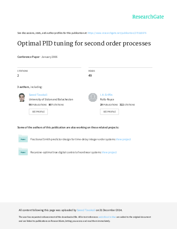 (PDF) Optimal PID tuning for second order plus dead time processes