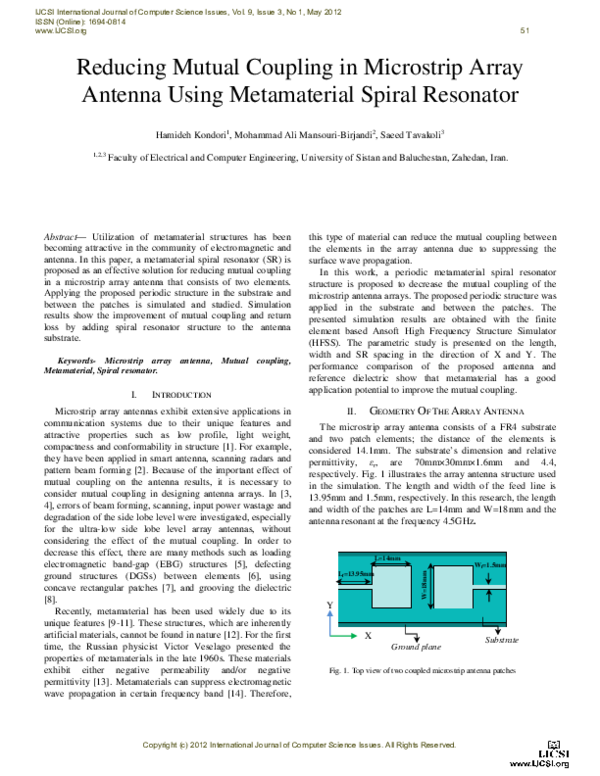 (PDF) Reducing mutual coupling in microstrip array antenna using metamaterial spiral resonator