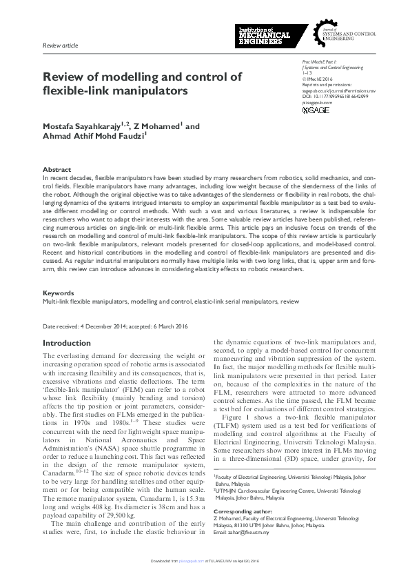 Pdf Review Of Modelling And Control Of Flexible Link Manipulators