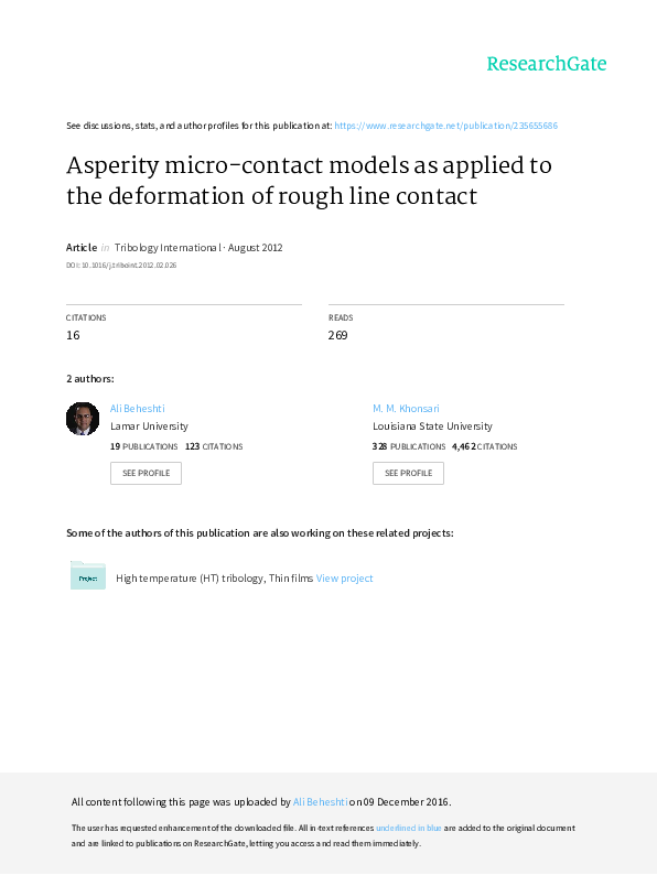 (PDF) Asperity micro-contact models as applied to the deformation of ...
