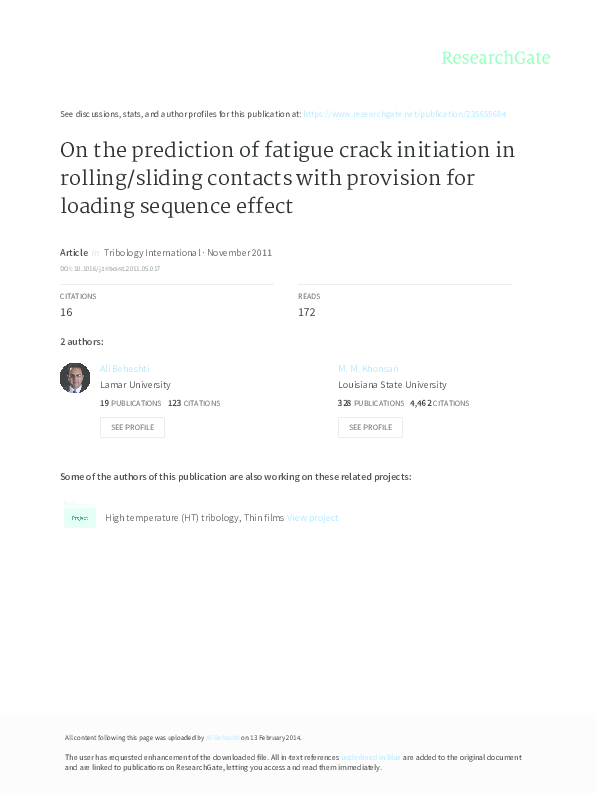 (PDF) On the prediction of fatigue crack initiation in rolling/sliding ...