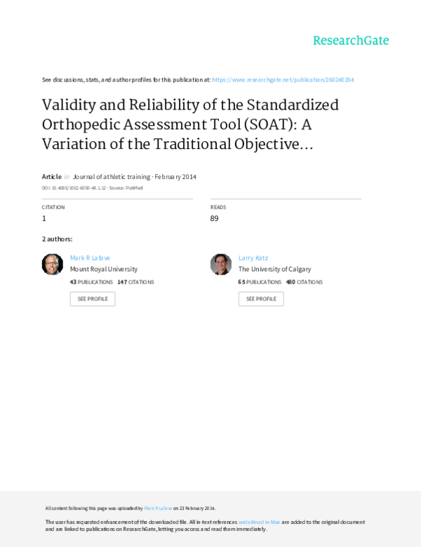 (PDF) Validity and Reliability of the Standardized Orthopedic Assessment Tool (SOAT): A ...
