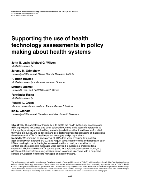 (PDF) Supporting the use of health technology assessments in policy ...