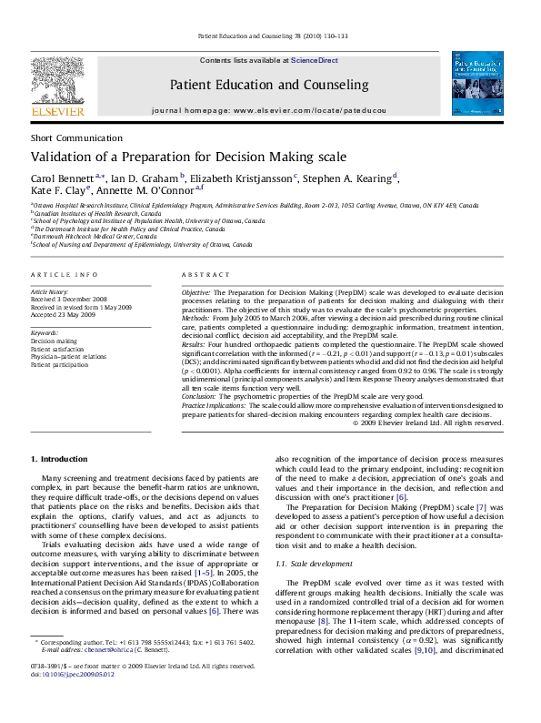 (PDF) Validation of a Preparation for Decision Making scale