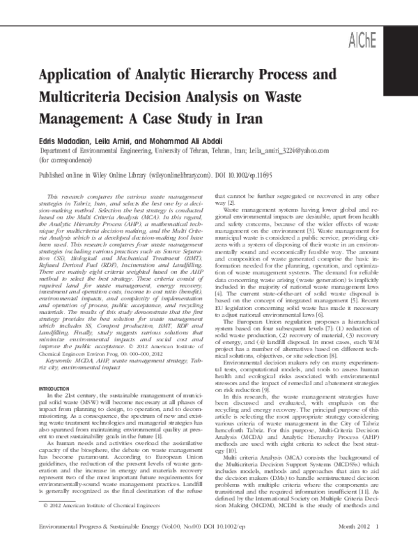 (PDF) Application of analytic hierarchy process and multicriteria decision analysis on waste ...
