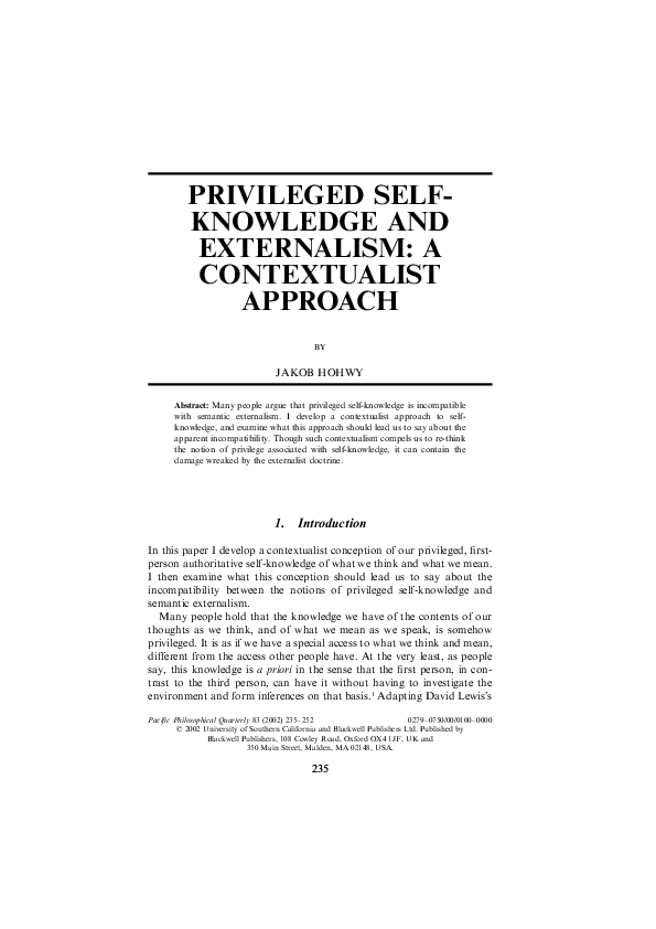 (PDF) Privileged Self–Knowledge and Externalism: A Contextualist Approach