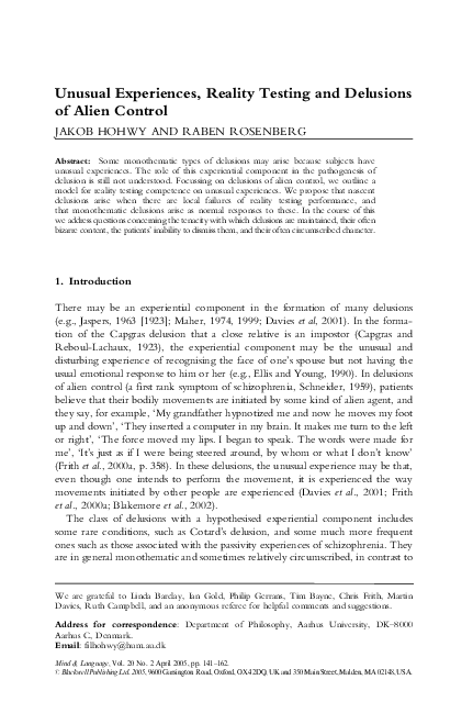 (PDF) Unusual experiences, reality testing and delusions of alien control