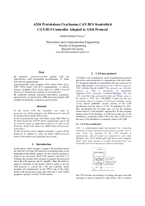 (PDF) AXI4 Protokoluna Uyarlanmış CAN BUS Kontrolörü CAN BUS Controller Adapted to AXI4 Protocol